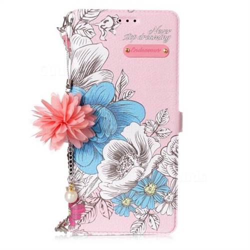 Pink Blue Rose Endeavour Florid Pearl Flower Pendant Metal Strap PU ...