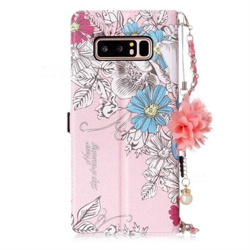 Pink Blue Rose Endeavour Florid Pearl Flower Pendant Metal Strap PU ...