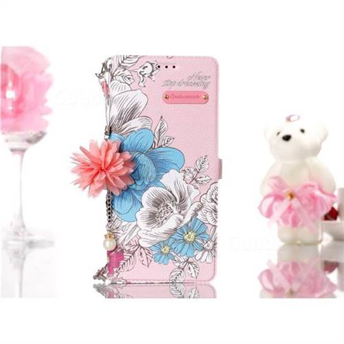 Pink Blue Rose Endeavour Florid Pearl Flower Pendant Metal Strap PU ...