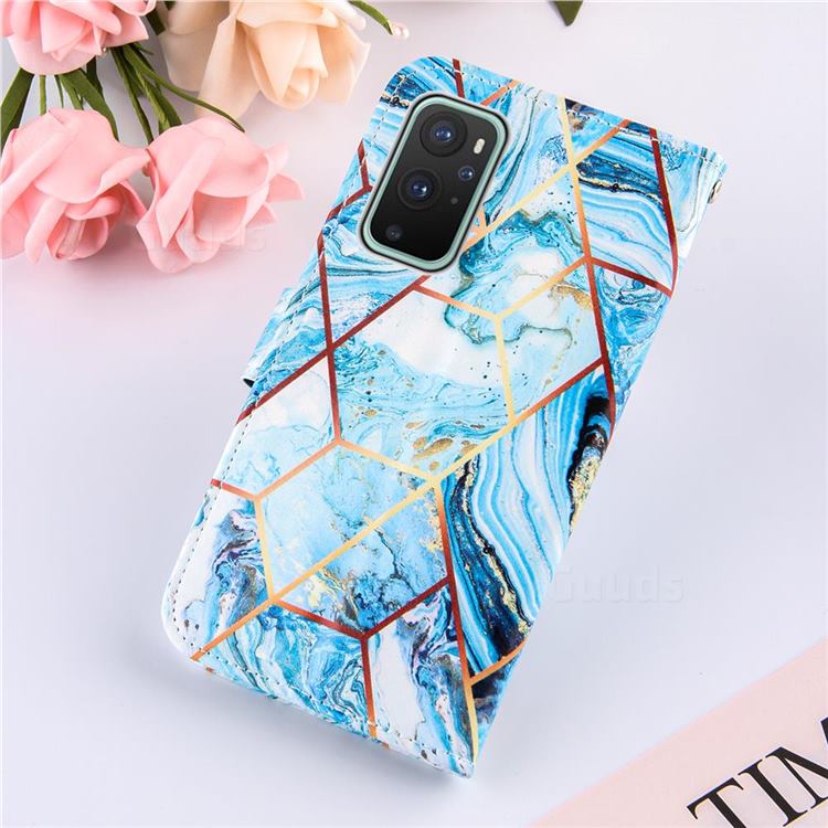 Lake Blue Stitching Color Marble Leather Wallet Case for OnePlus 9 Pro ...