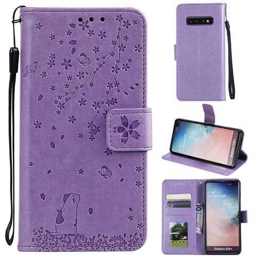 Embossing Cherry Blossom Cat Leather Wallet Case for Samsung Galaxy S10 ...