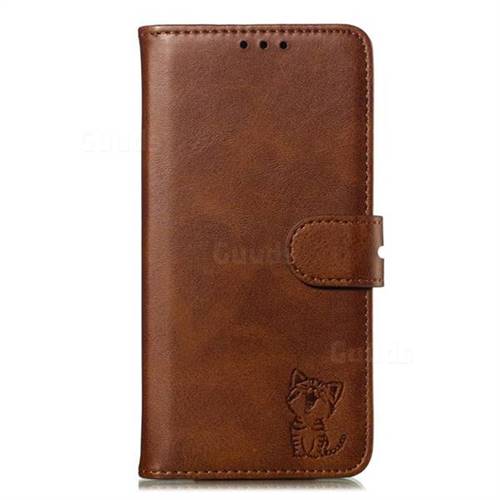 Embossing Happy Cat Leather Wallet Case for Samsung Galaxy A20 - Brown ...
