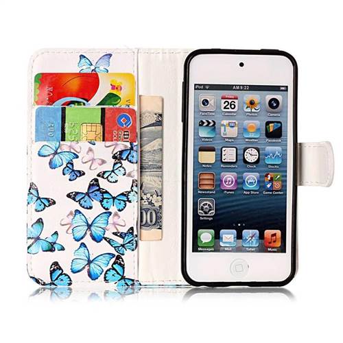Blue Vivid Butterflies PU Leather Wallet Case for iPod Touch 5 6 ...